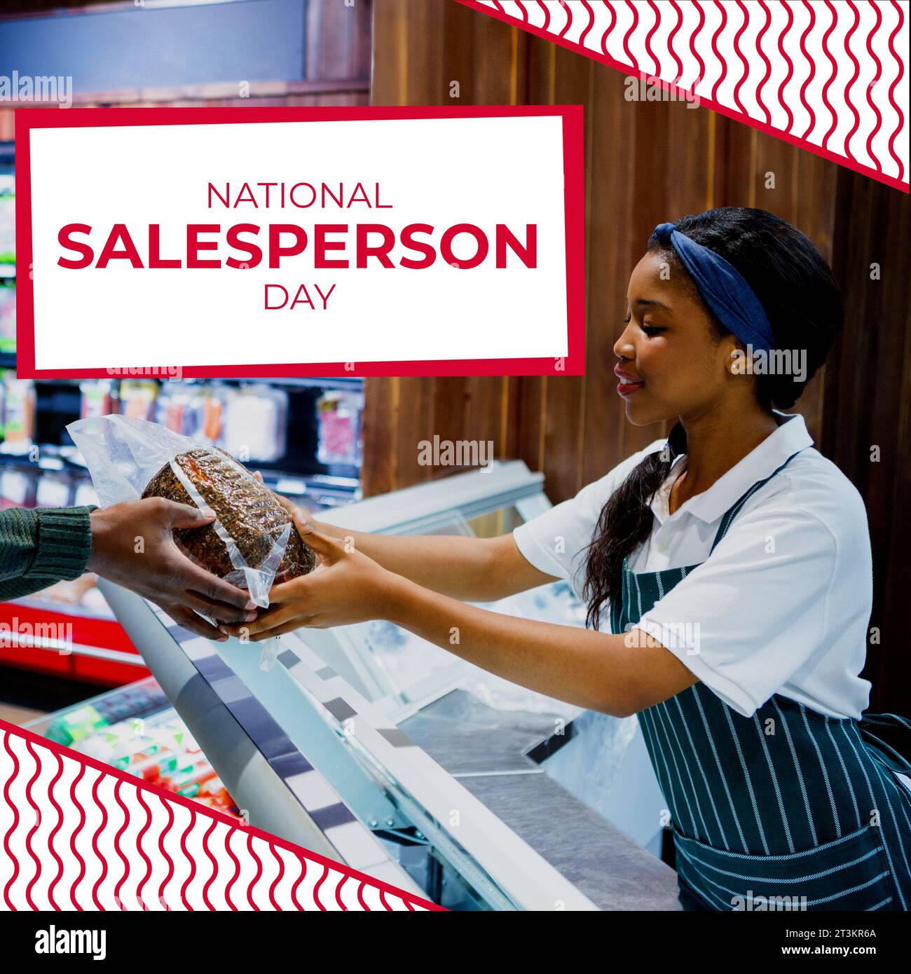 Composite of national salesperson day, african american woman selling ...