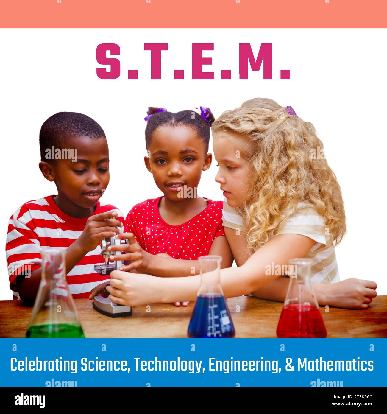 Composite of stem text with multiracial children sitting with microscope and flasks with liquids ...