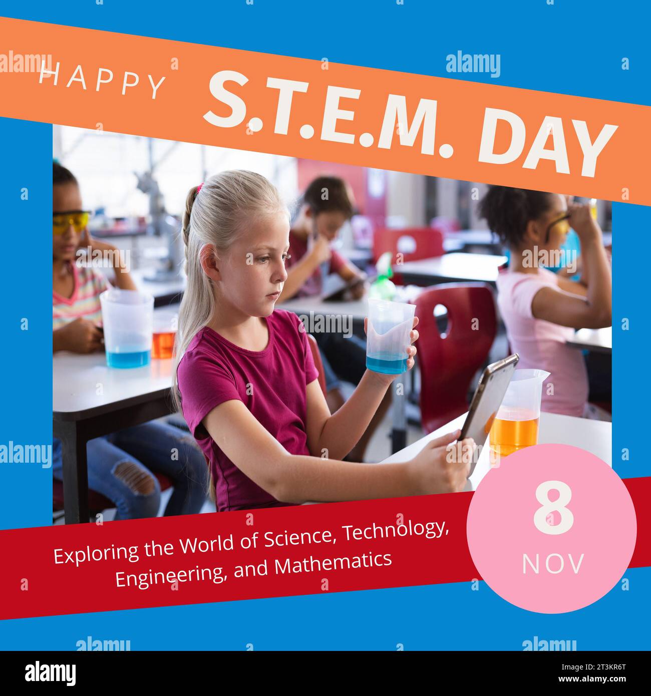Composite of happy stem day, 8 nov and caucasian girl holding flask and ...