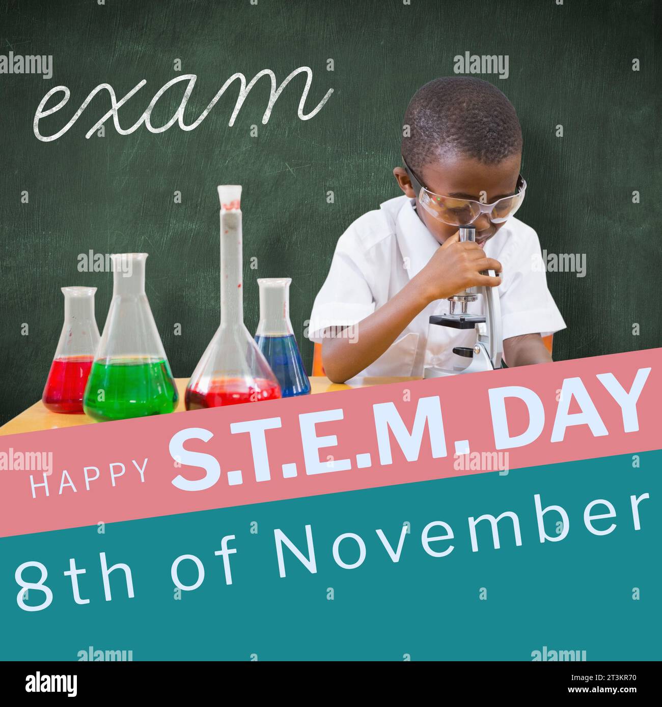 Composite of happy stem day, 8 nov, exam text with african american ...
