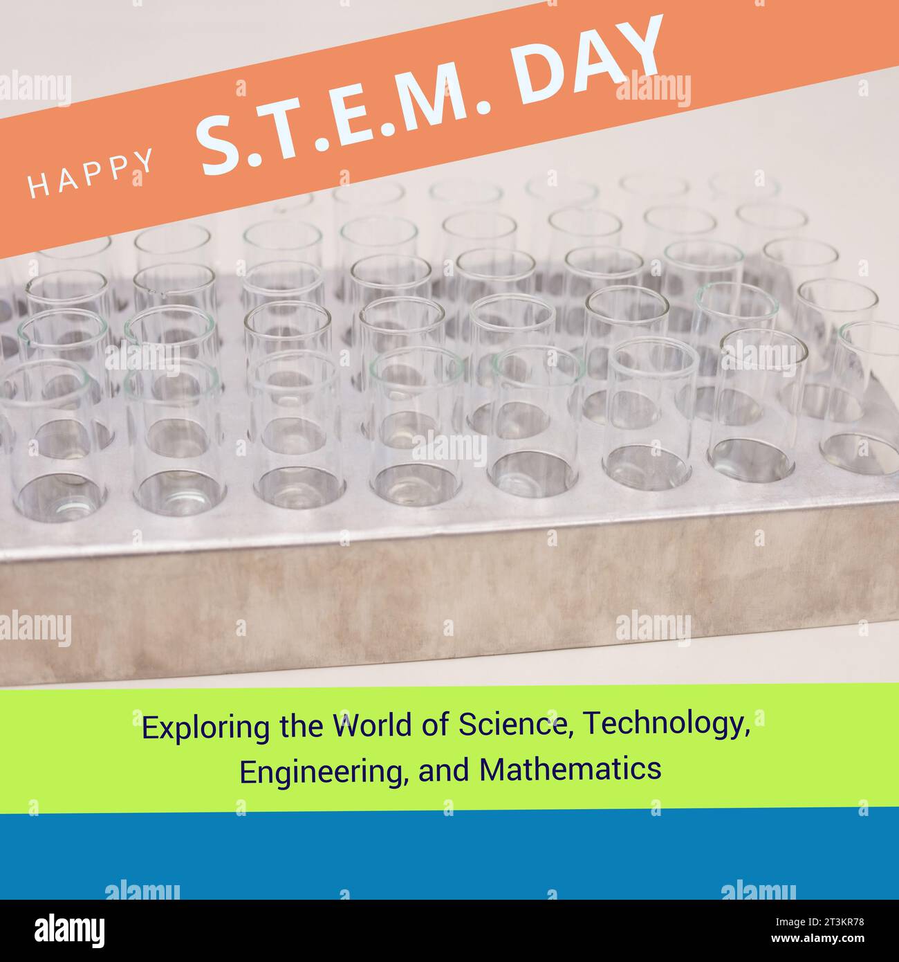 Composite of happy stem day text with empty test tubes in rack on white ...