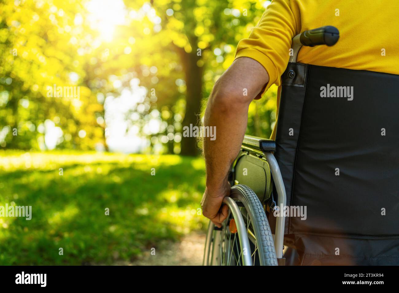 Close up of senior handicapped man sit in wheelchair during walk in ...