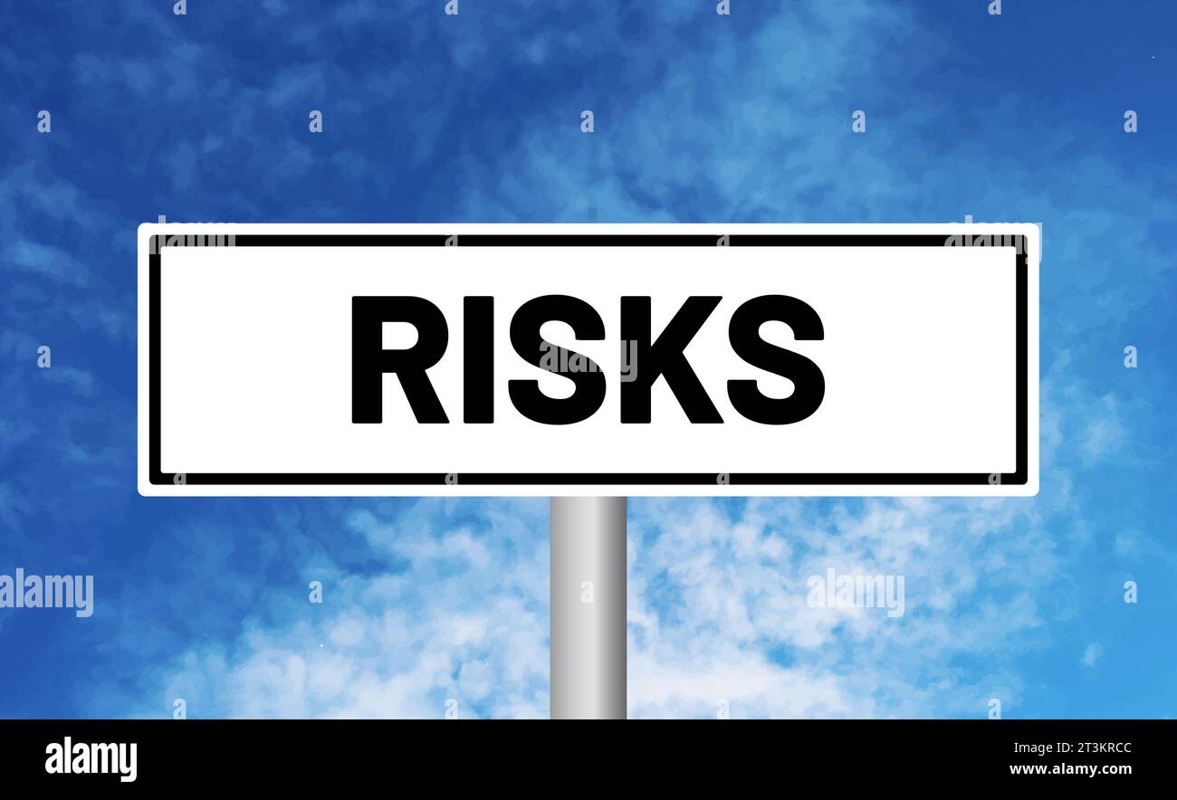 Risks road sign on cloudy sky background Stock Photo - Alamy