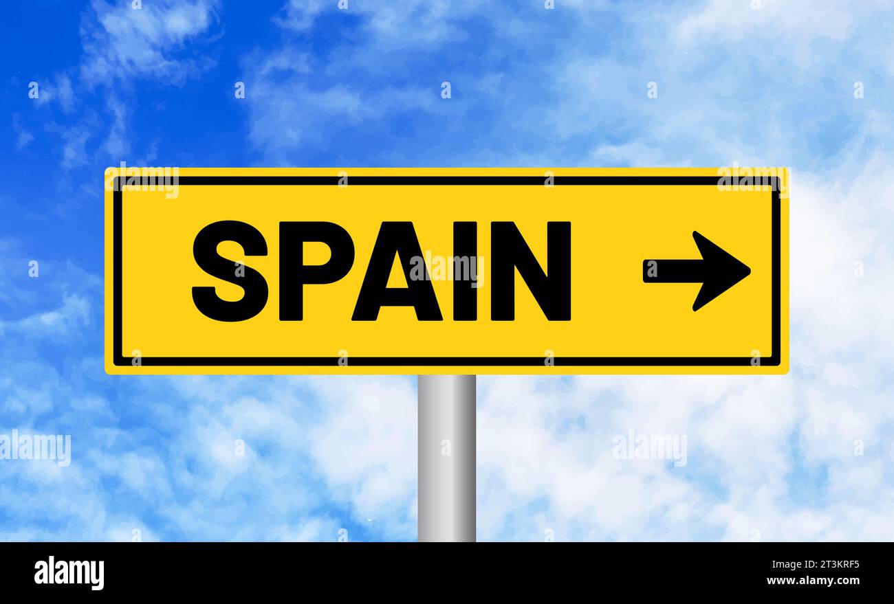 Spain road sign on cloudy sky background Stock Photo - Alamy
