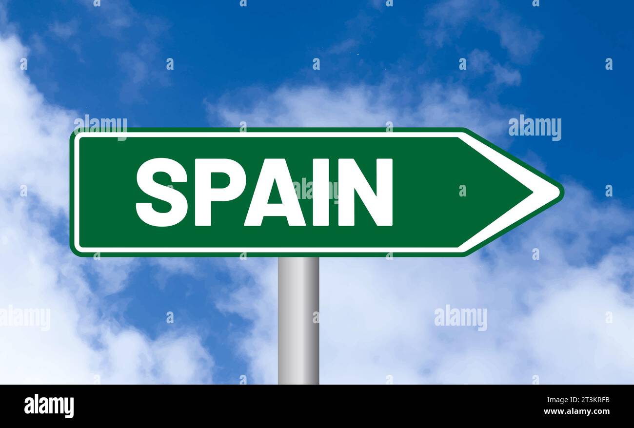 Spain road sign on cloudy sky background Stock Photo - Alamy