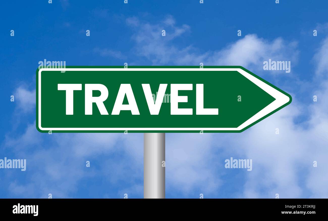 Travel road sign on sky background Stock Photo - Alamy