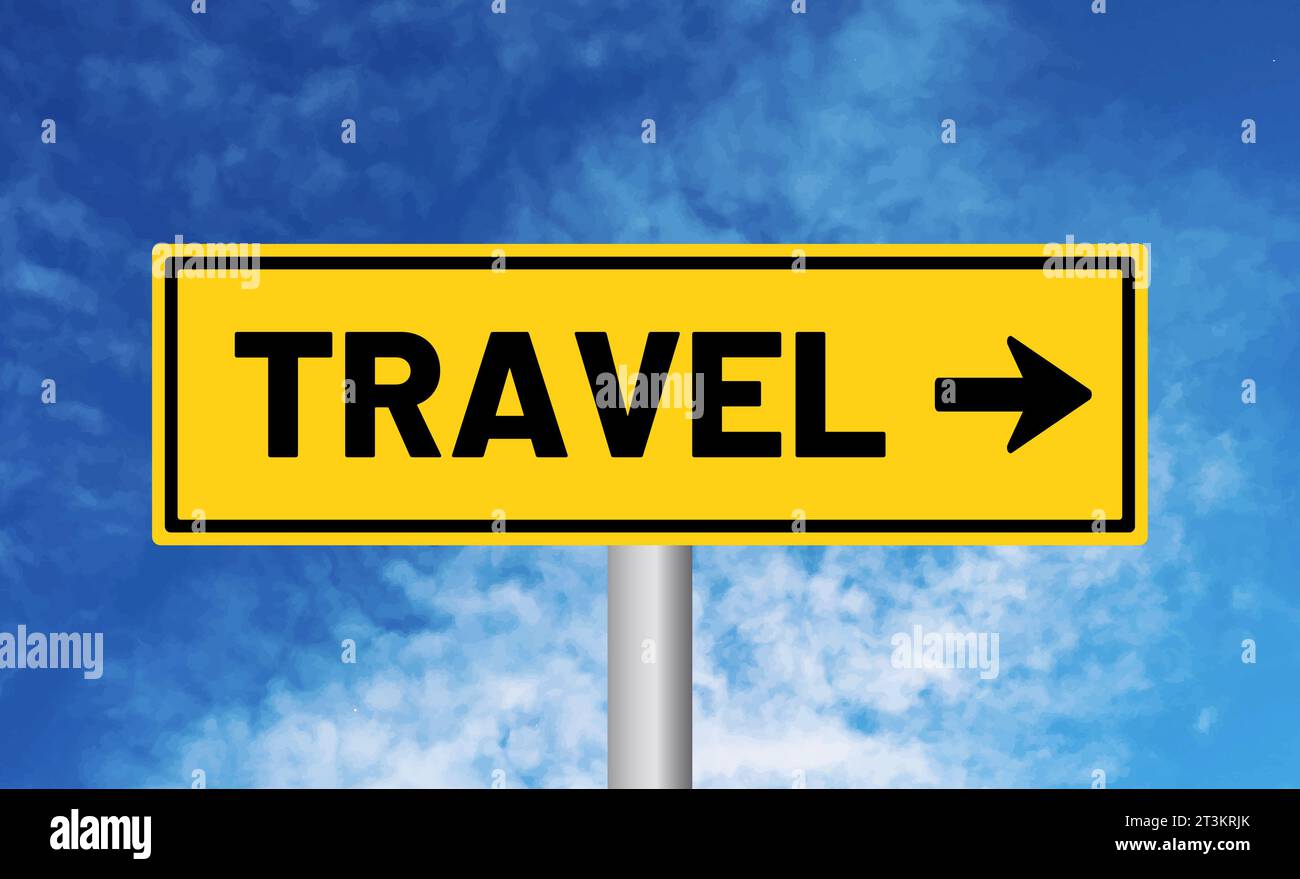 Travel road sign on sky background Stock Photo - Alamy