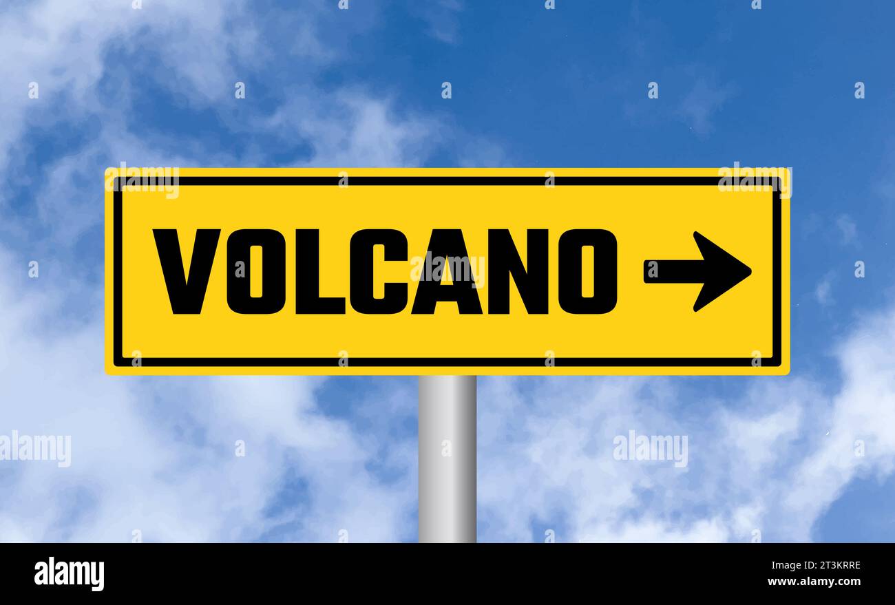 Volcano road sign on blue sky background Stock Photo - Alamy