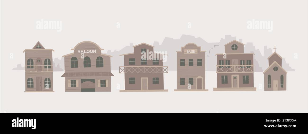 Wild west city wood buildings. Western town saloon, bank, house, church ...