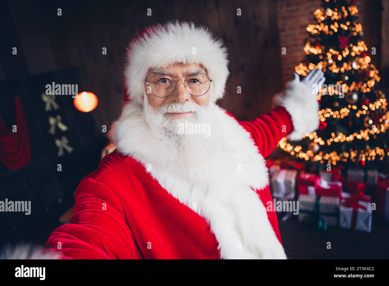 Photo of funky good mood santa claus dressed red eyewear recording ...