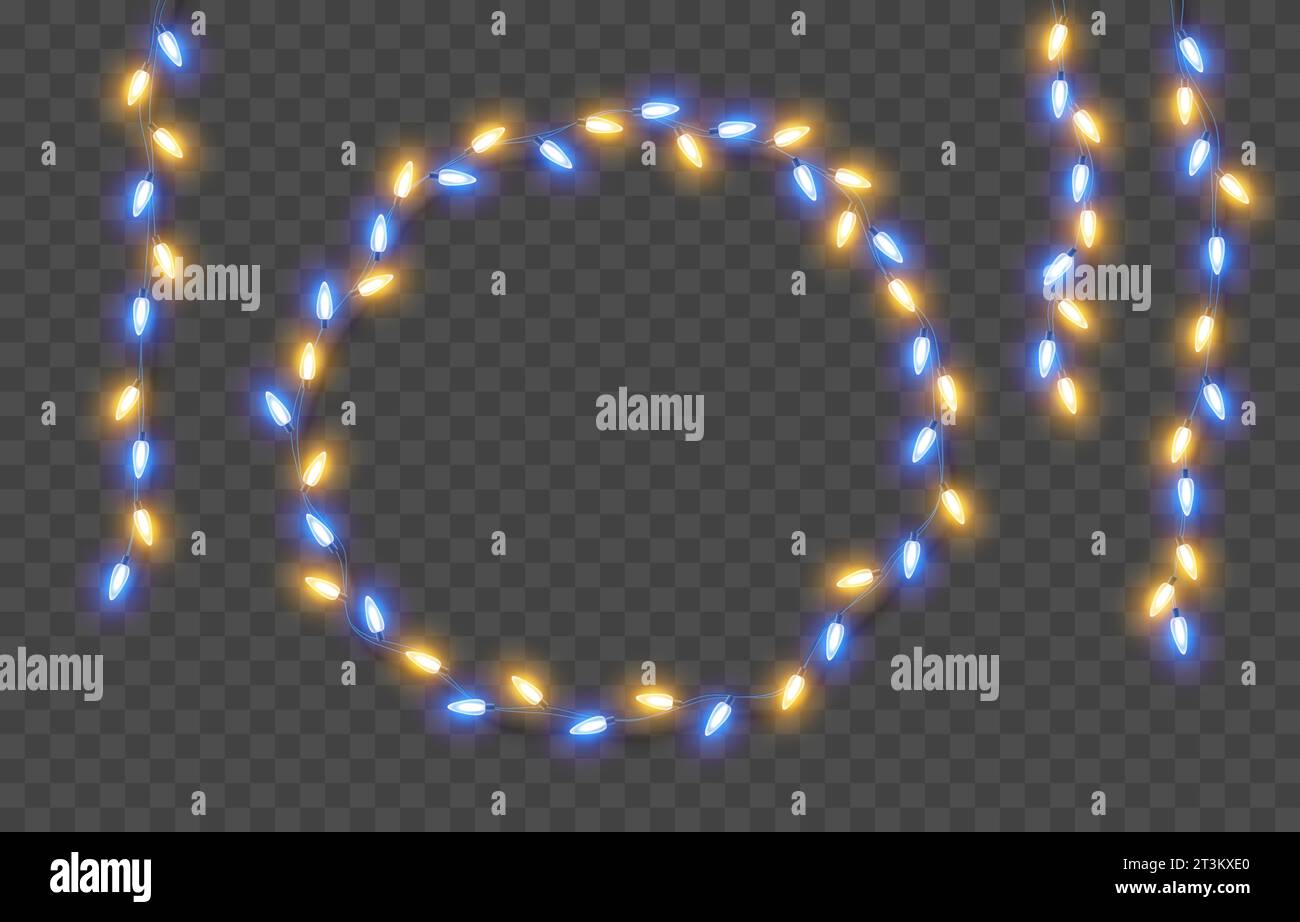 Electric garlands with yellow and blue light bulbs. Christmas ...