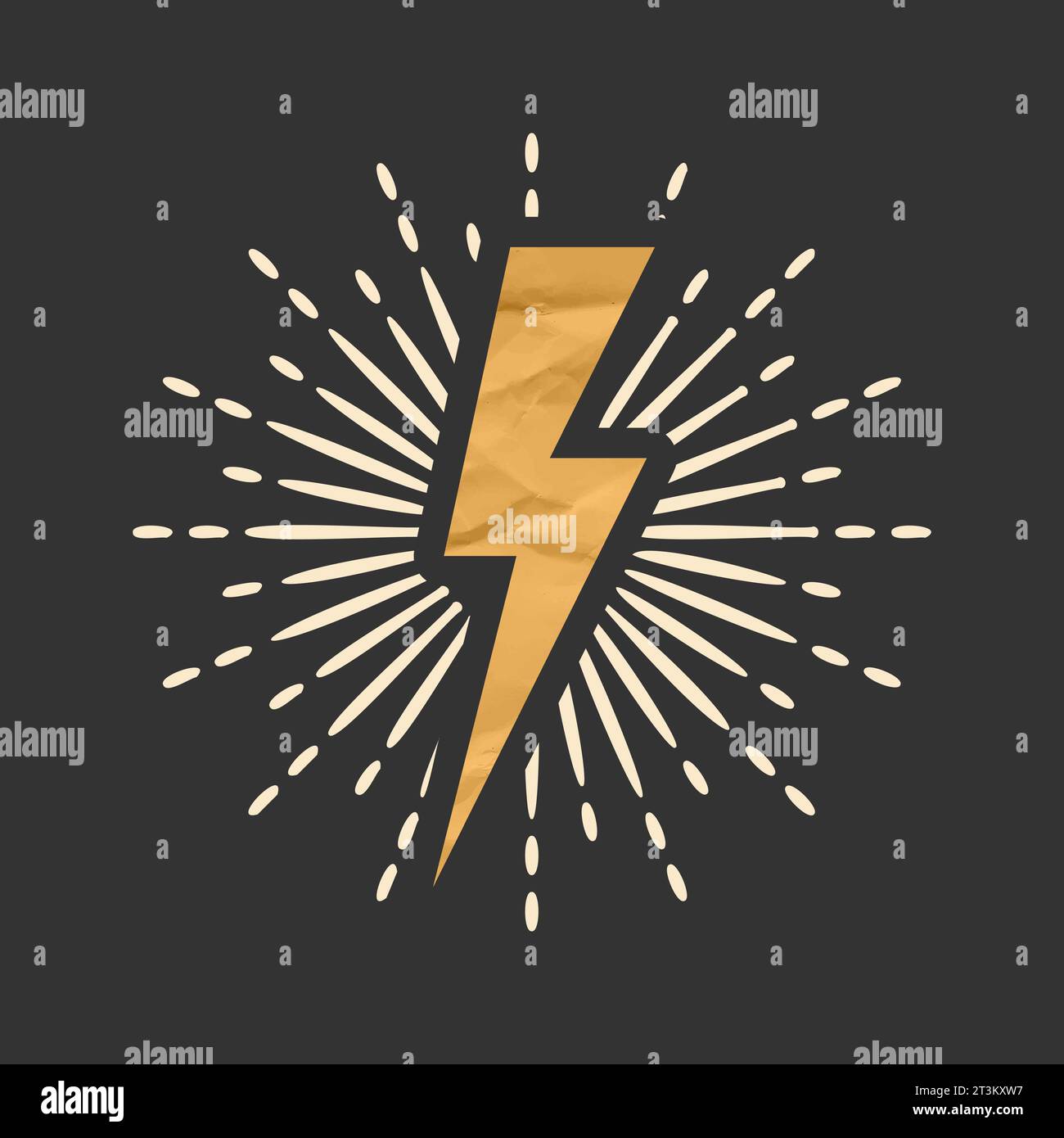 Vintage lightning bolt and sunrays. Lightnings with crumpled paper ...