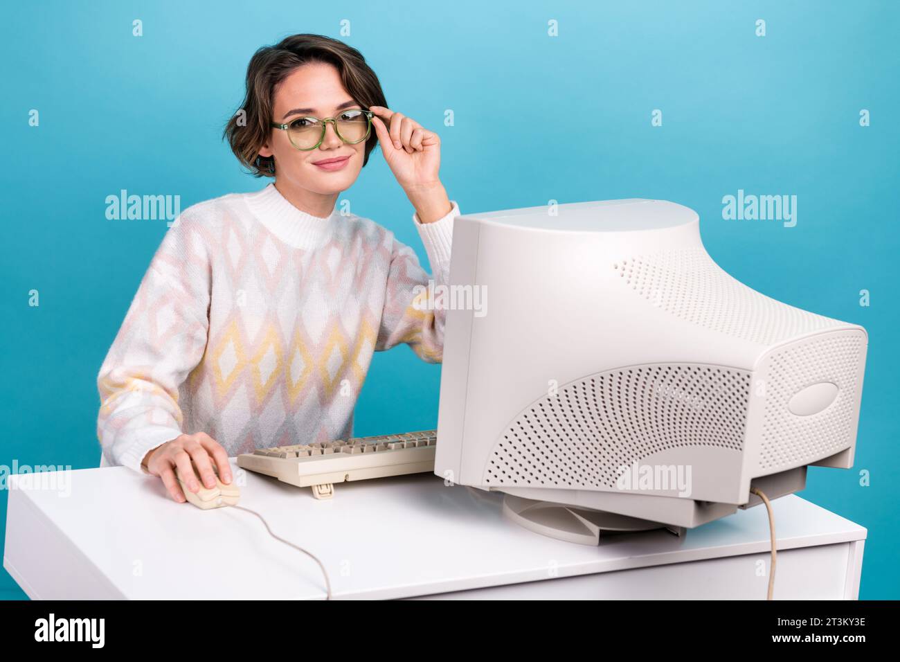 Portrait of positive pretty clever person customer support agent use ...