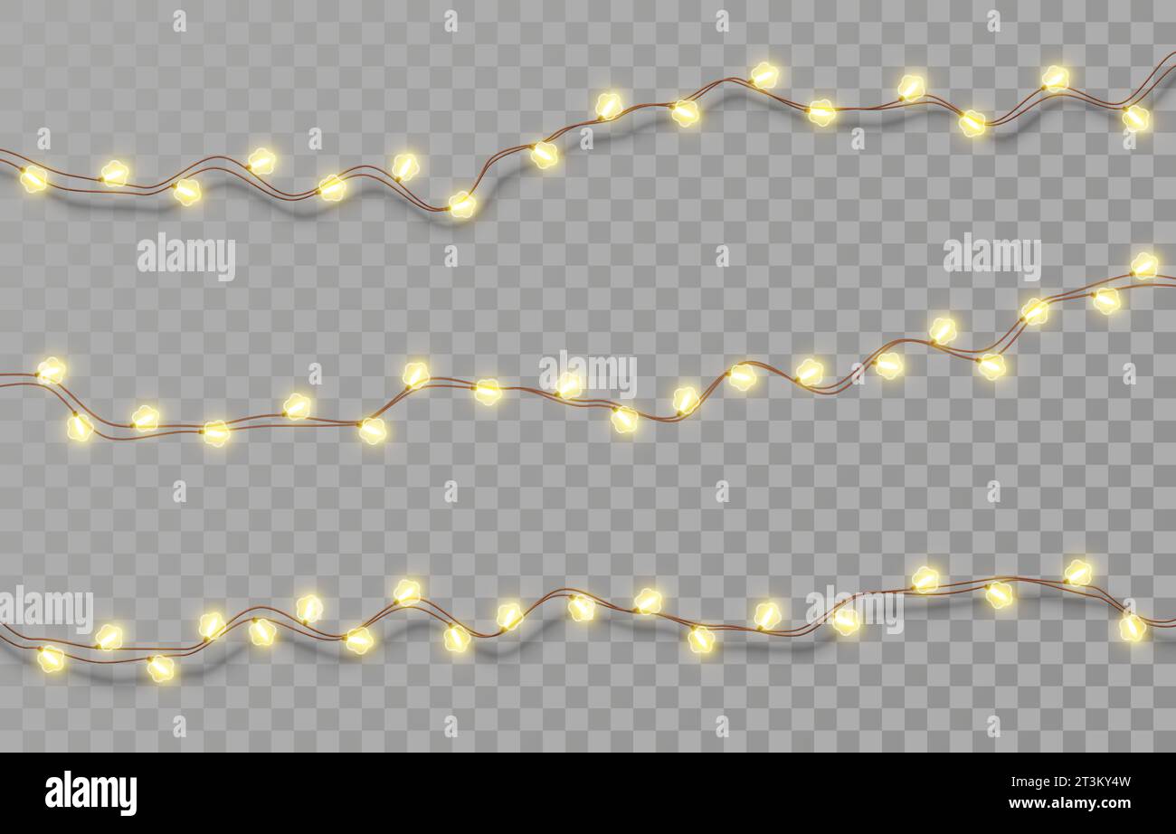 Electric garlands with yellow light bulbs. Christmas lights isolated on ...