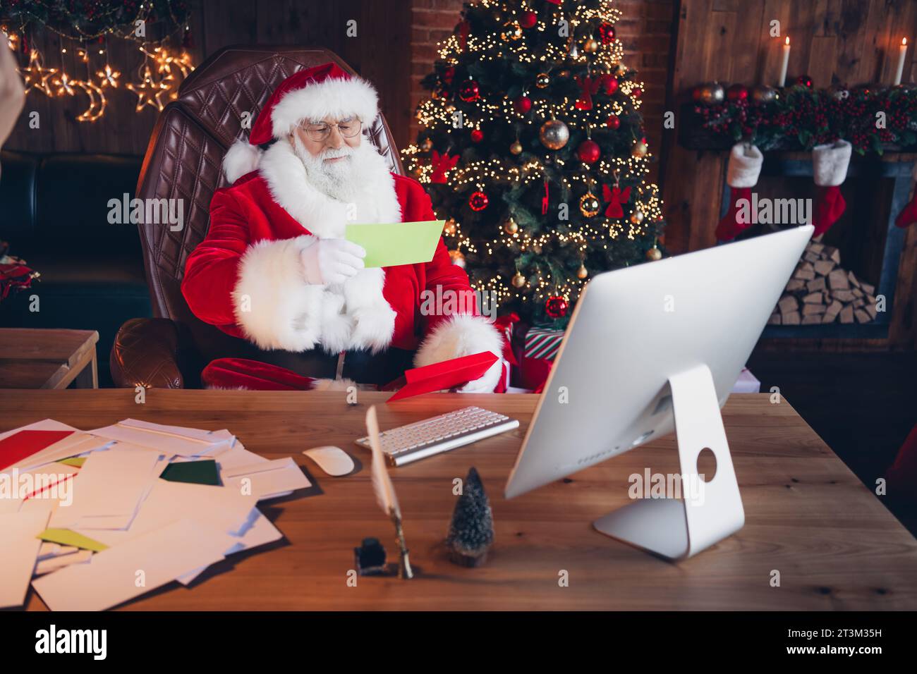 Photo of cheerful funny santa claus dressed red costume reading ...