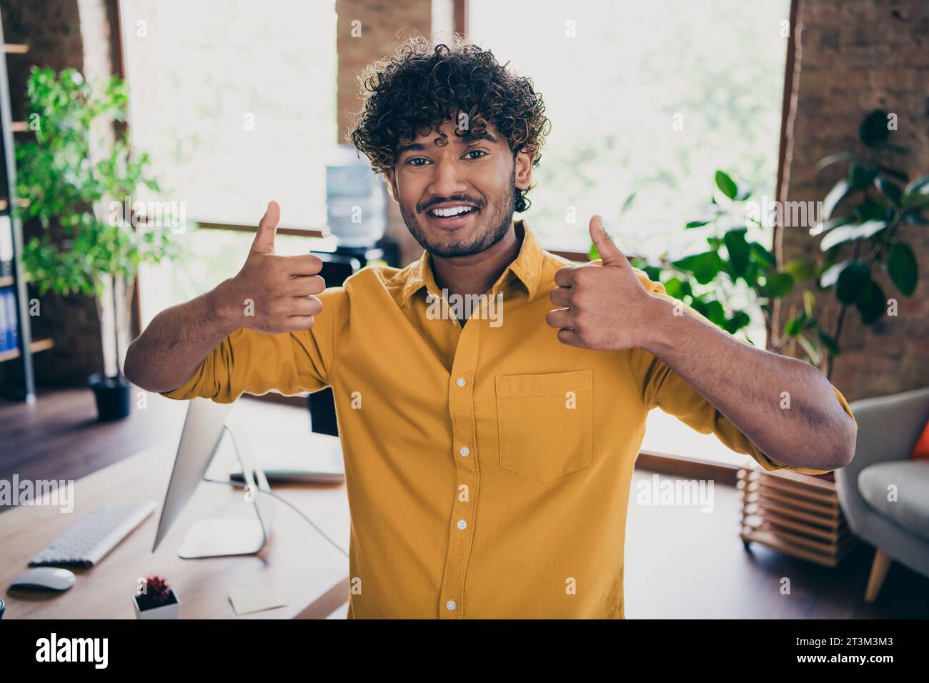 Photo of cheerful nice man professional hr recruiter two hands thumbs ...