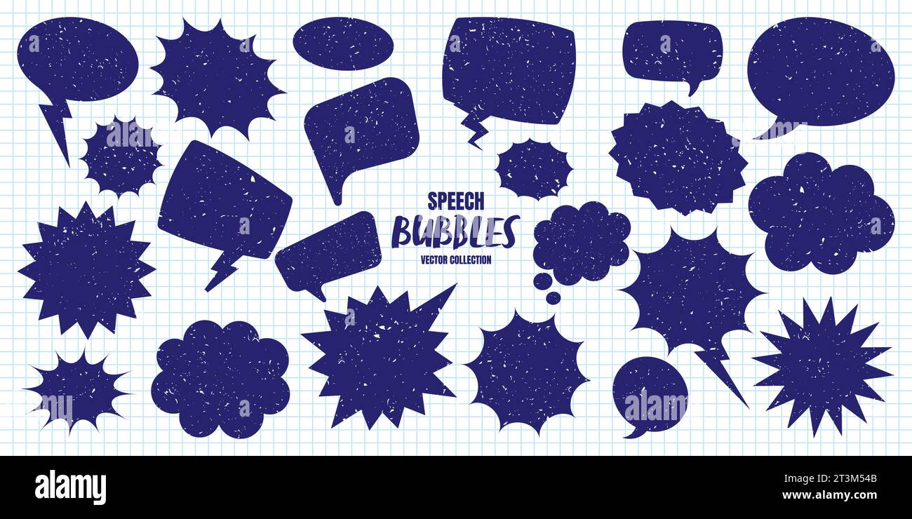 Hand drawn comic speech bubbles on checkered paper sheet. School ...