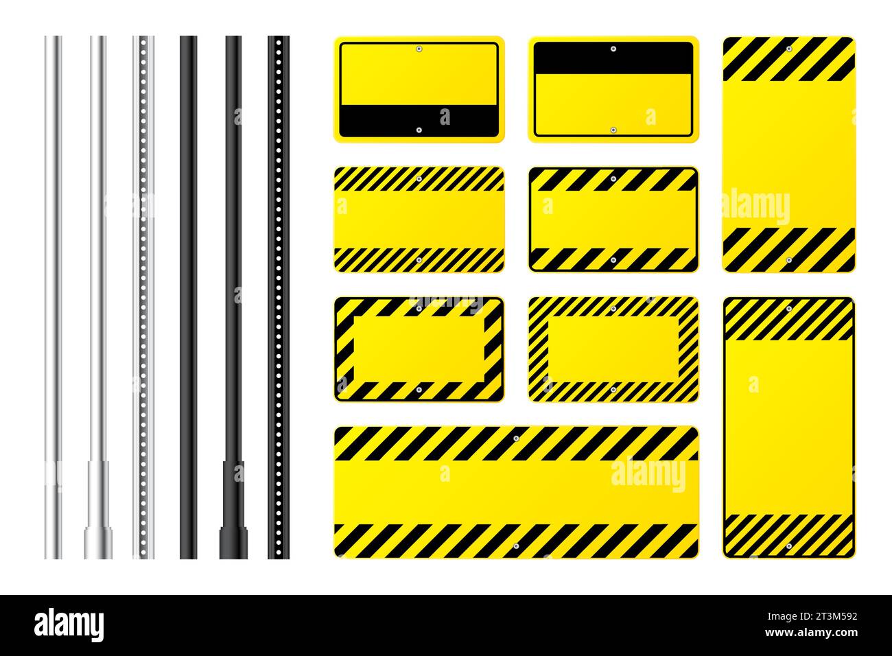 Warning, danger signs, attention banners with metal poles. Blank yellow ...