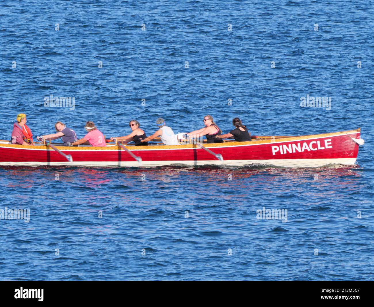 Seven people sitting in red rowing boat rowing across the sea Stock ...