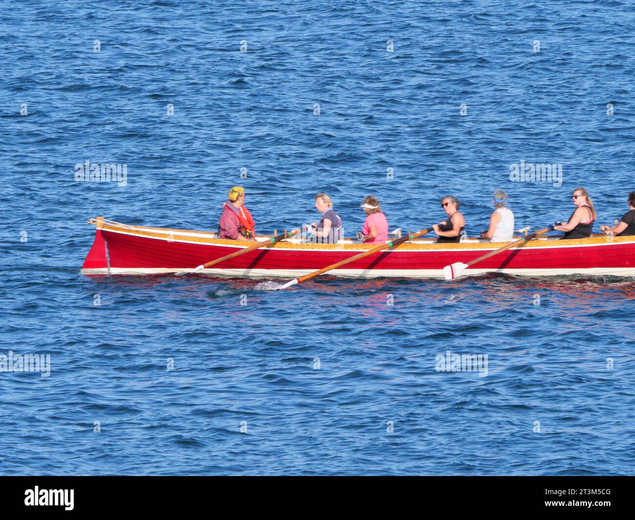 Seven people sitting in red rowing boat rowing across the sea Stock ...