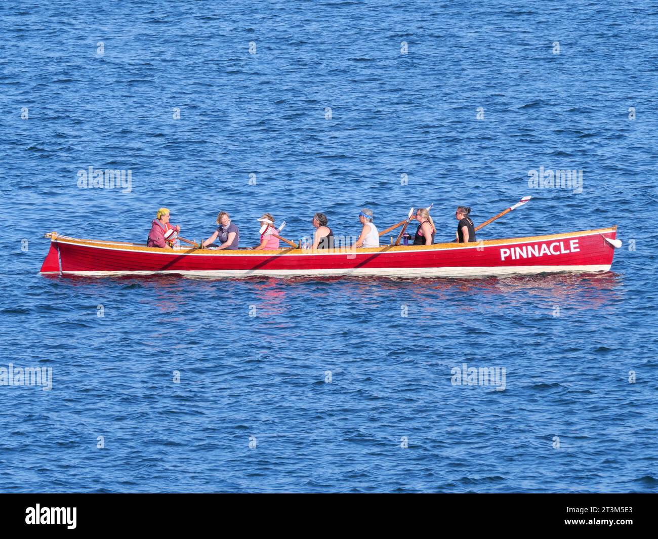 Seven people sitting in red rowing boat rowing across the sea Stock ...