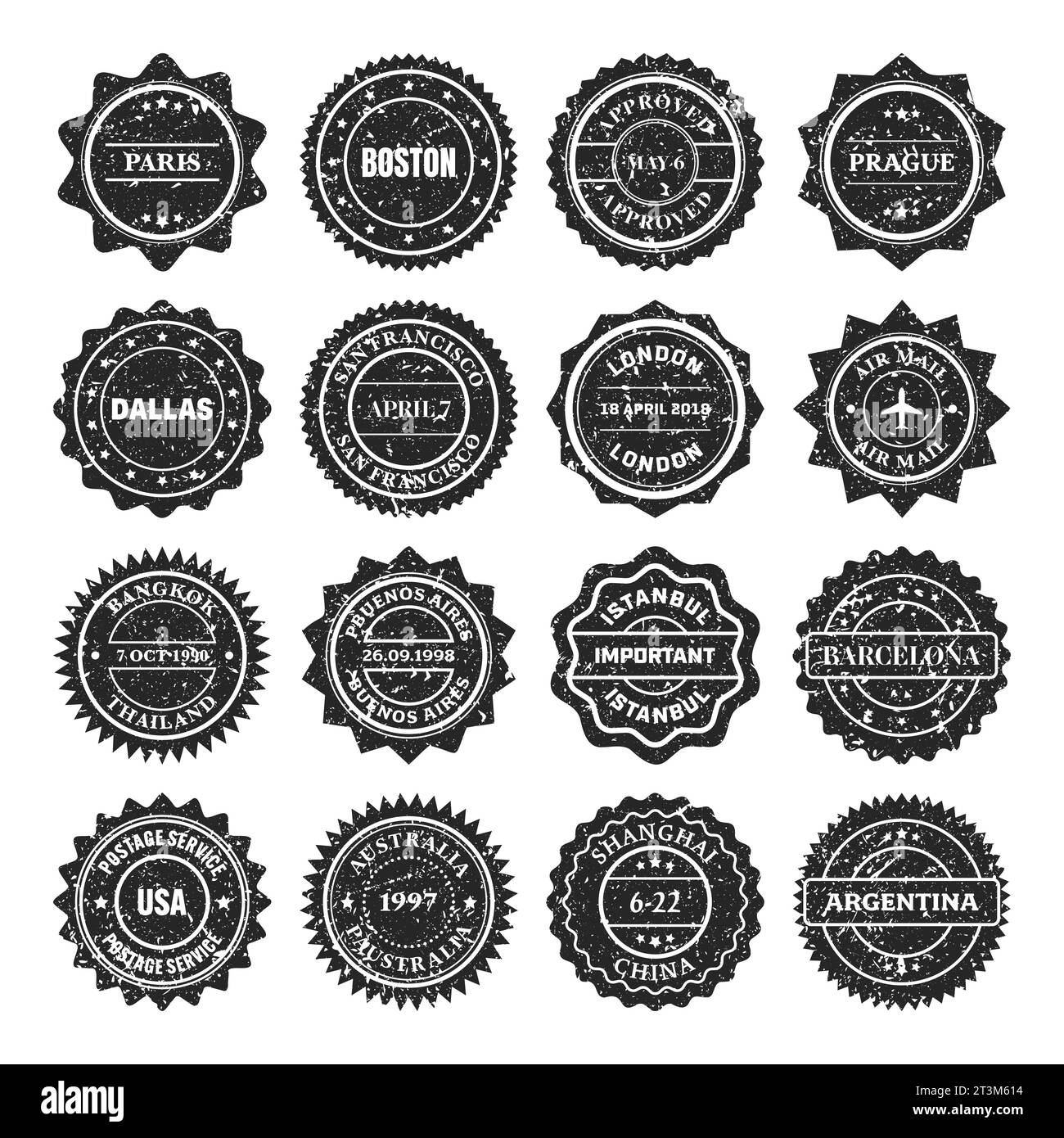 Post stamps, labels and badges. Grunge imprints and postmarks. Vintage ...