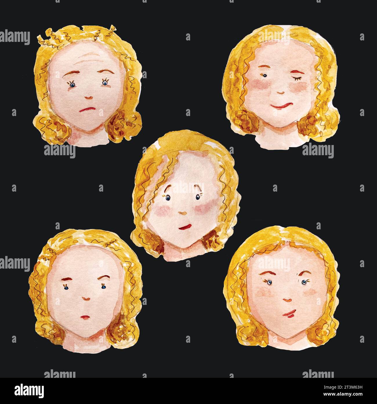 Watercolor emotions faces on black background Stock Photo - Alamy