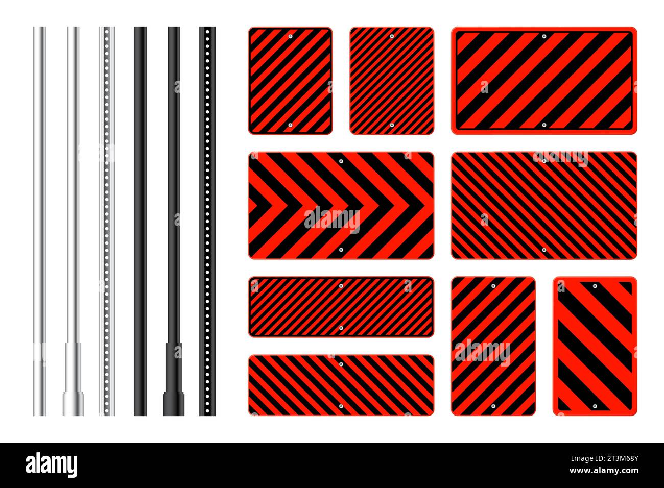 Warning, danger signs, attention banners with metal poles. Red caution ...