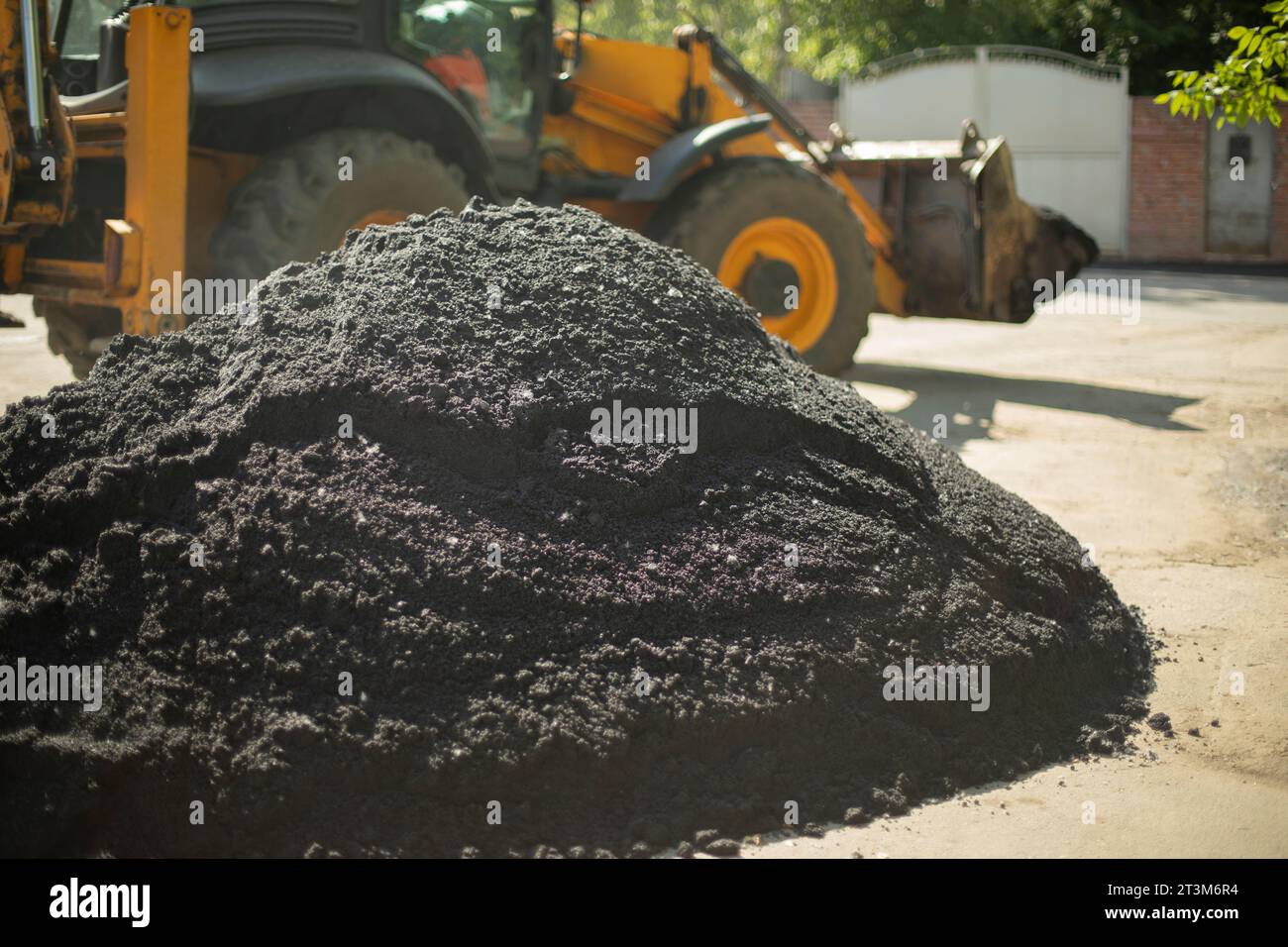 Hot asphalt. Laying road. Details of construction of road. Slide of ...