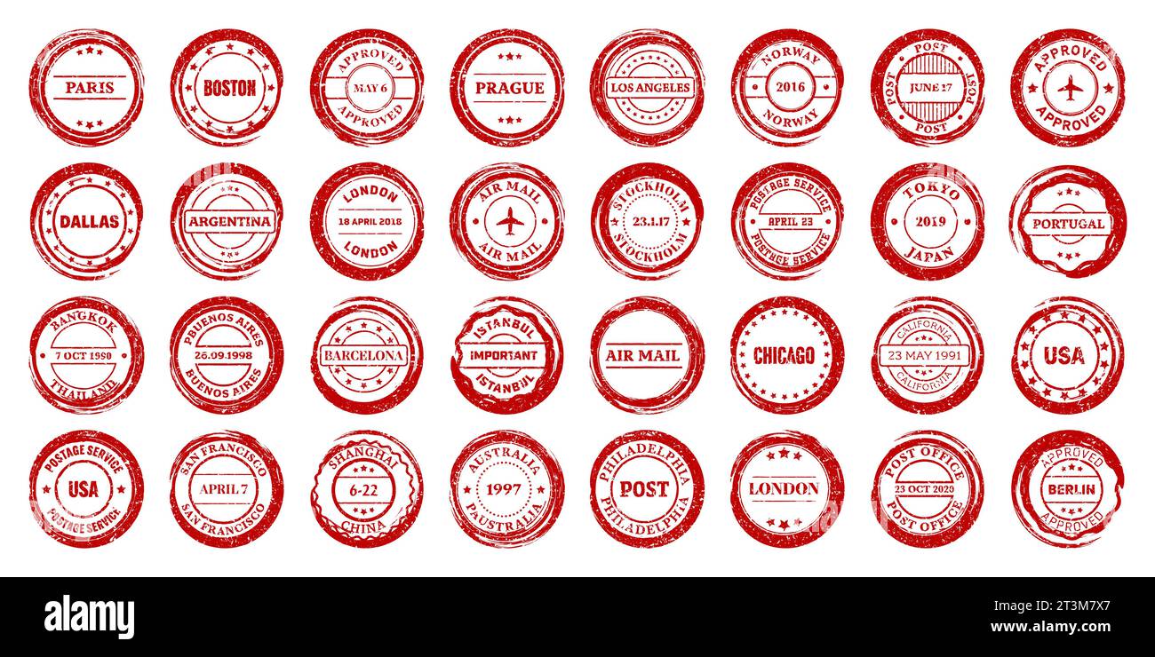 Post stamps, labels and badges. Grunge imprints and postmarks. Red ...