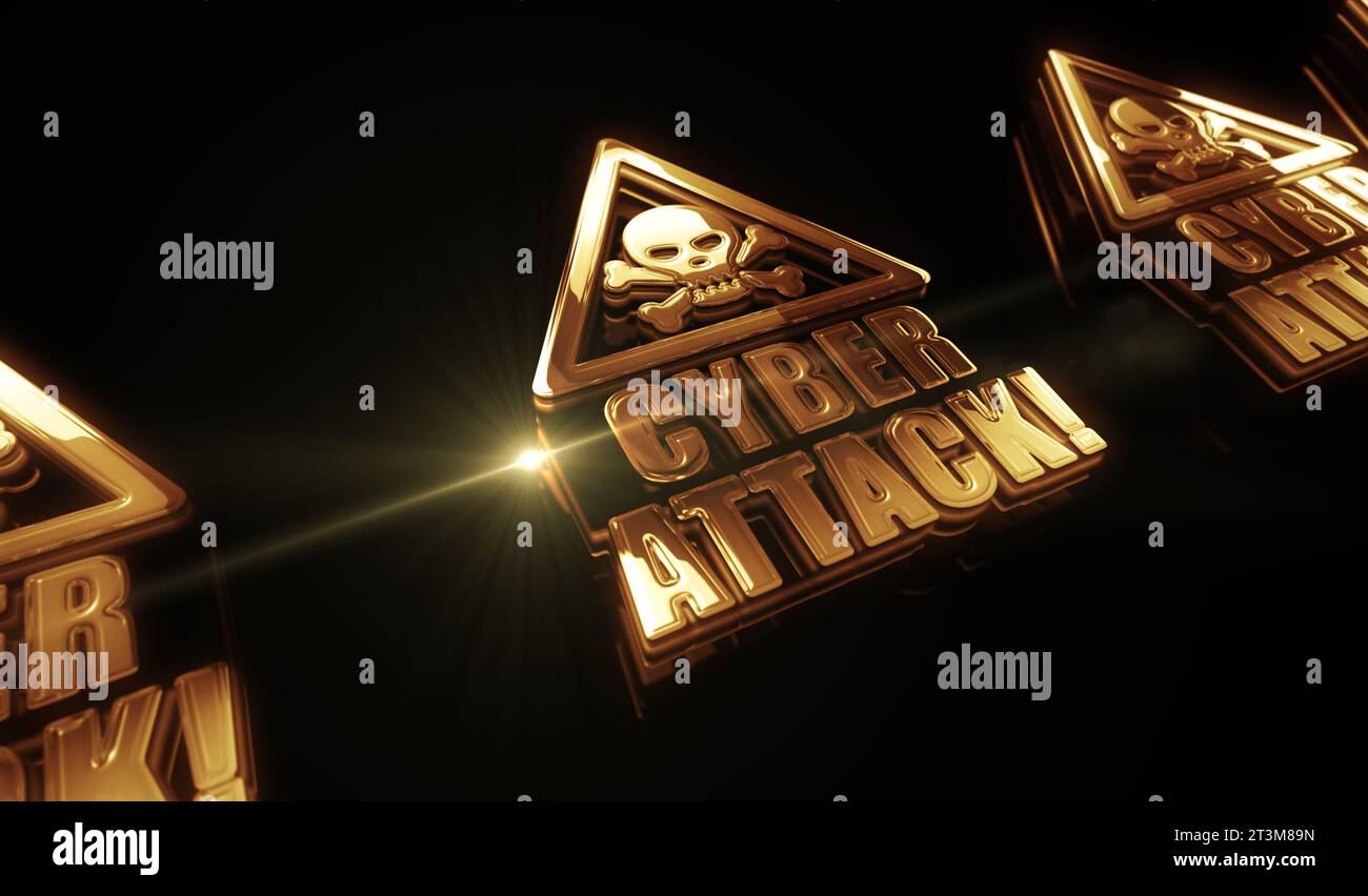 Cyber attack hacking and virus network security breach alert golden ...