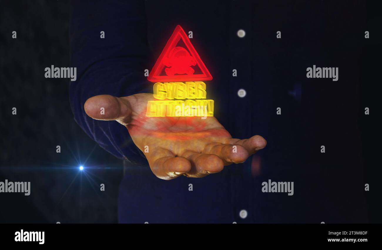 Cyber attack hacking and virus network security breach alert 3d symbol ...