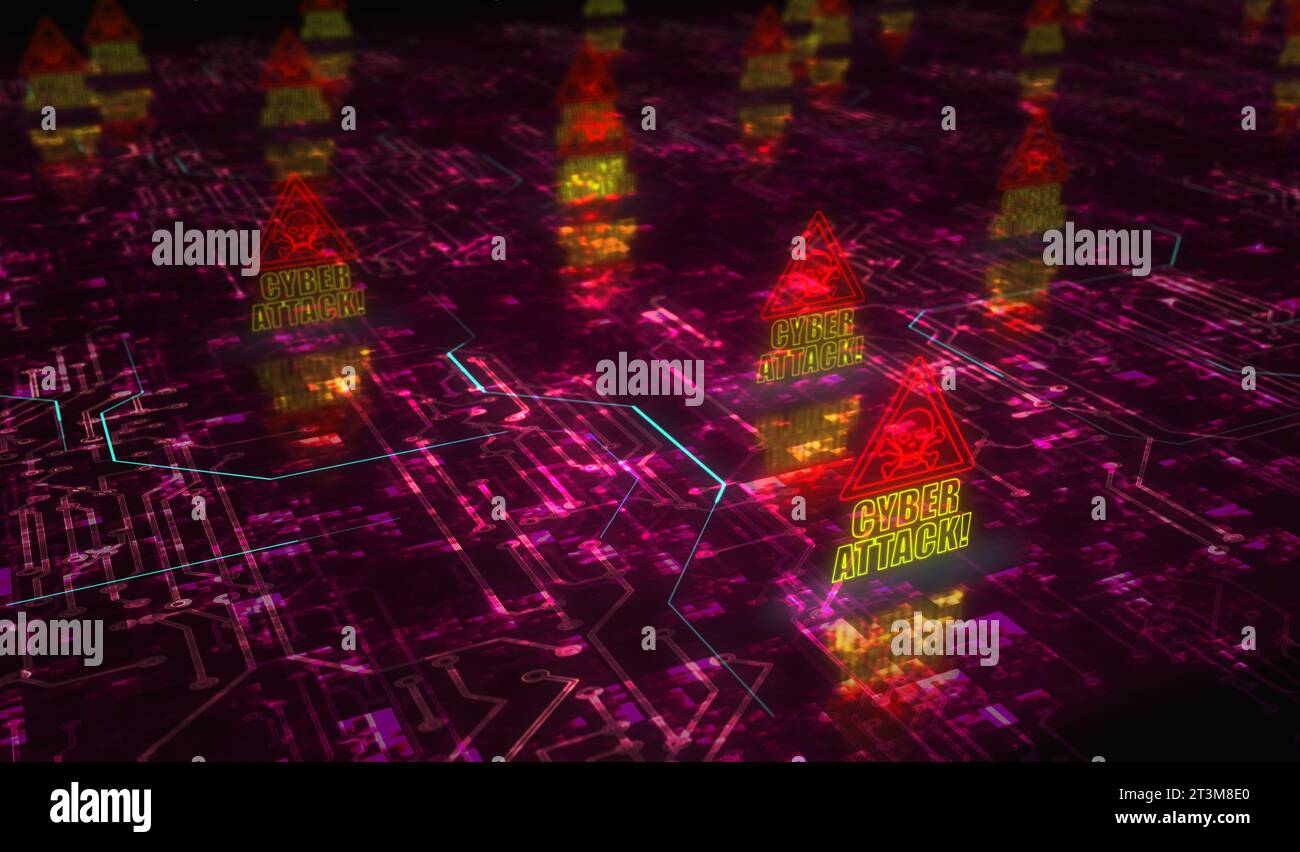 Cyber attack hacking and virus network security breach alert symbol digital concept. Network ...