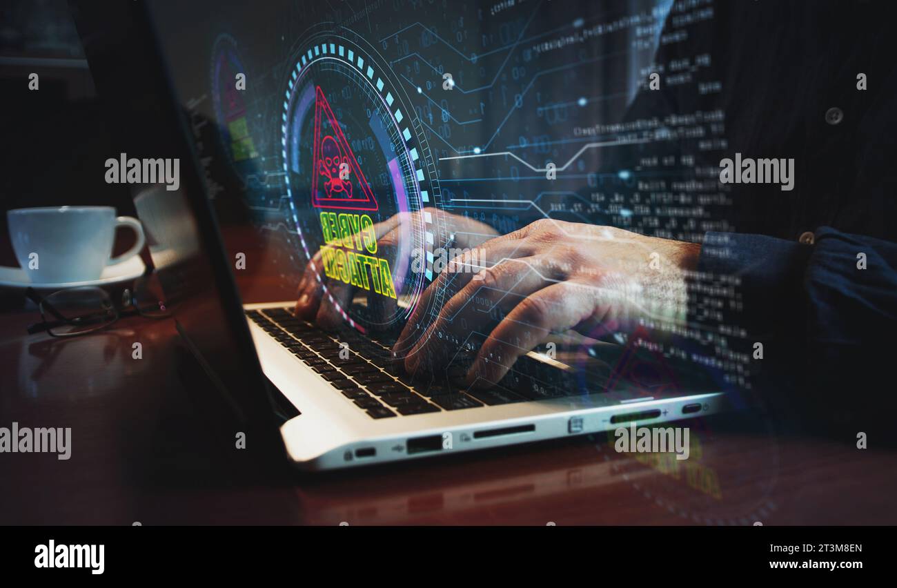 Cyber attack hacking and virus network security breach alert symbol and man typing computer ...