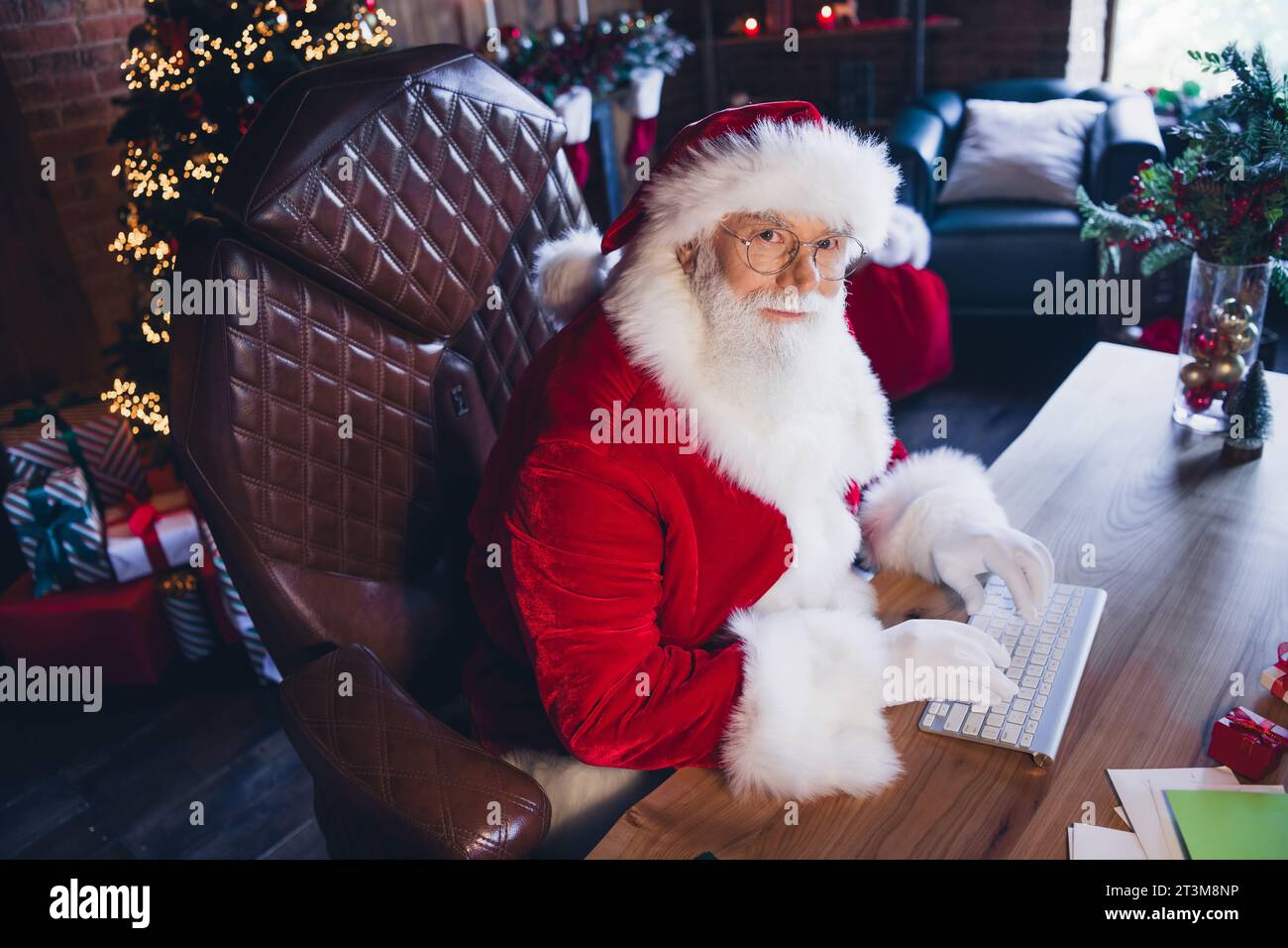 Photo of smart busy santa claus dressed red costume communicating ...