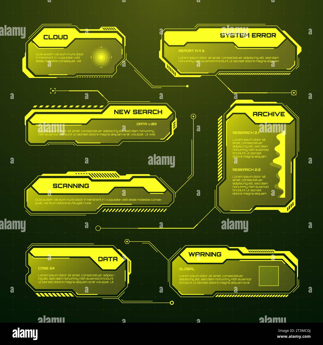 Yellow futuristic HUD, UI elements. Sci-fi user interface text boxes, callouts. Warning message ...