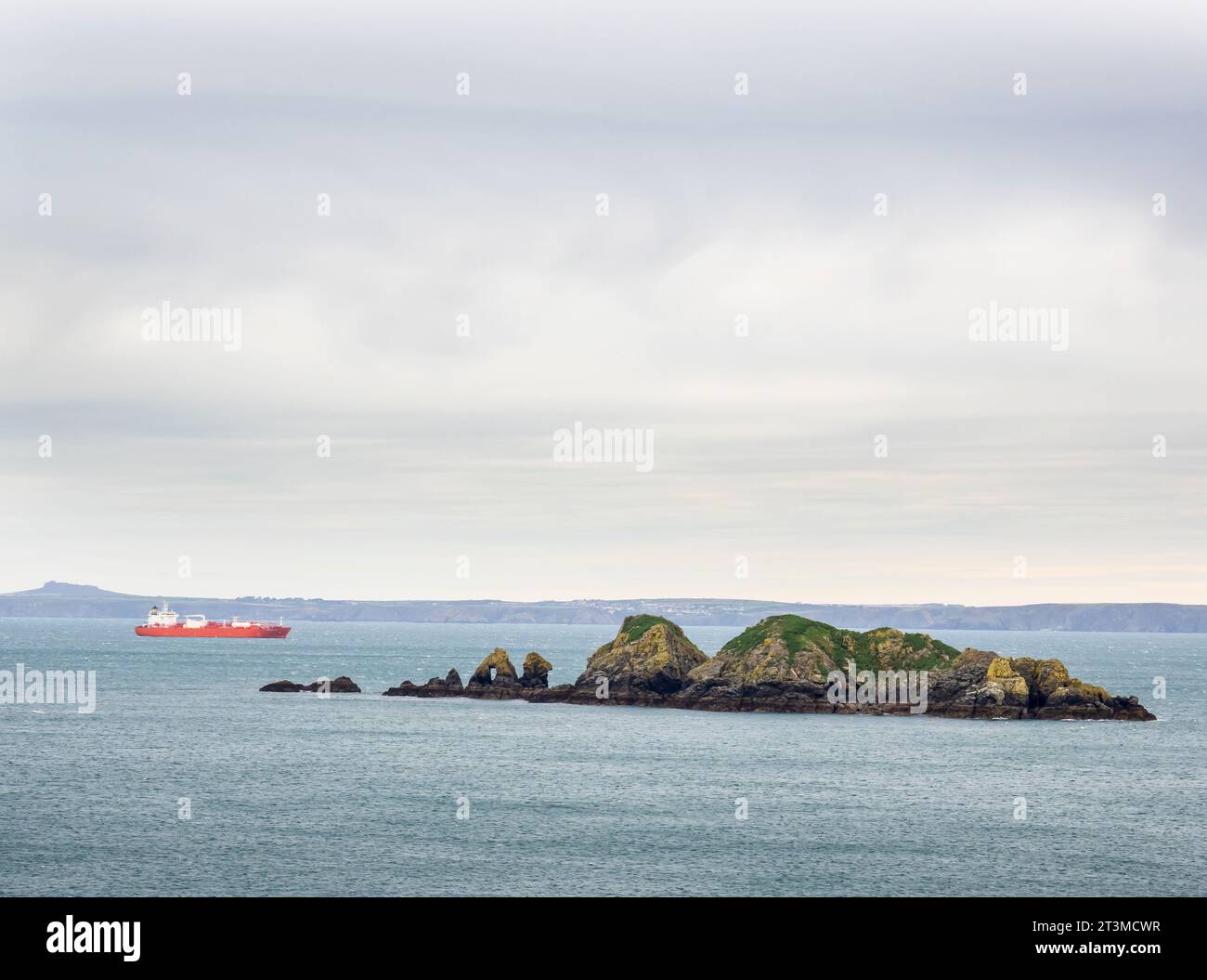 An oil tanker anchored off Stack Rocks in St Brides Bay, Pembrokeshire ...