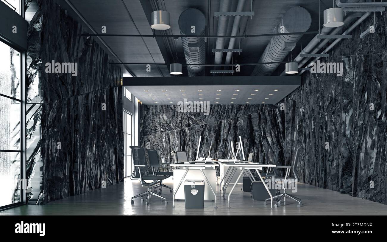 modern office interior with rock feature. 3d rendering Stock Photo - Alamy