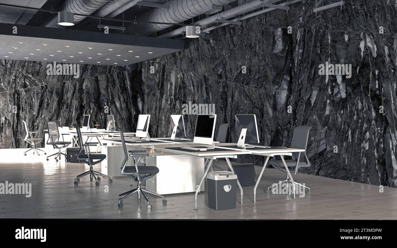 modern office interior with rock feature. 3d rendering Stock Photo - Alamy