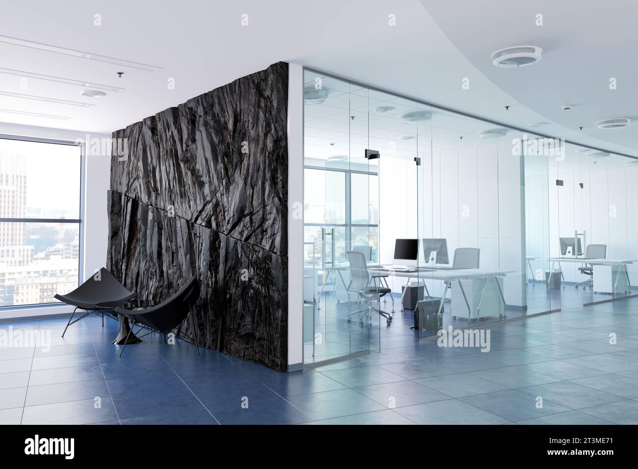 modern office interior with rock feature. 3d rendering Stock Photo - Alamy