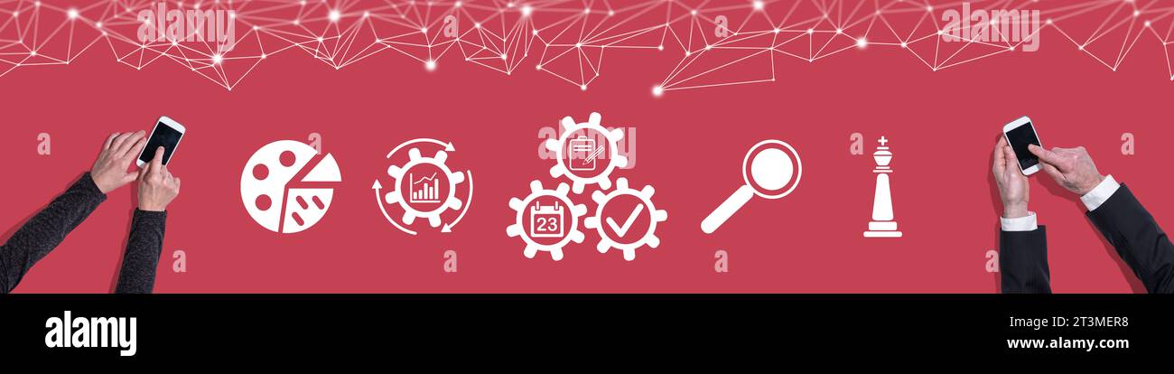 Top view of hands using mobile phone with symbol of action plan concept ...