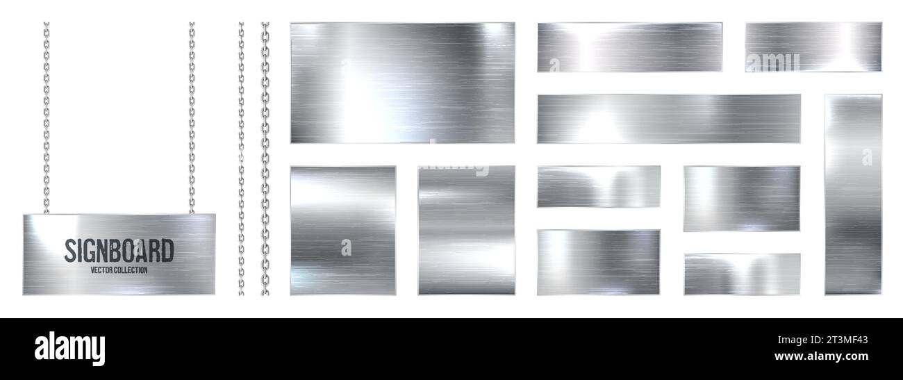 Metal banners hanging on a chain. Realistic shiny steel plate with ...