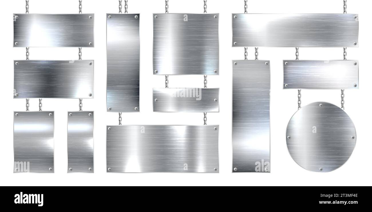 Metal banners hanging on a chain. Realistic shiny steel plate with ...