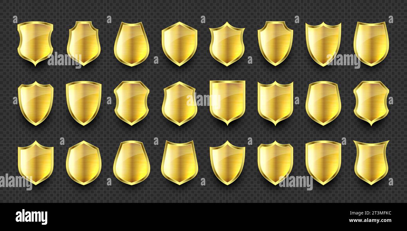 Set of various vintage 3d metal shield icons. Shiny golden heraldic ...