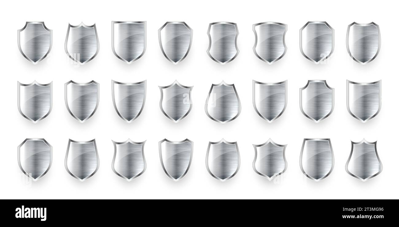 Set of various vintage 3d metal shield icons. Shiny steel heraldic ...