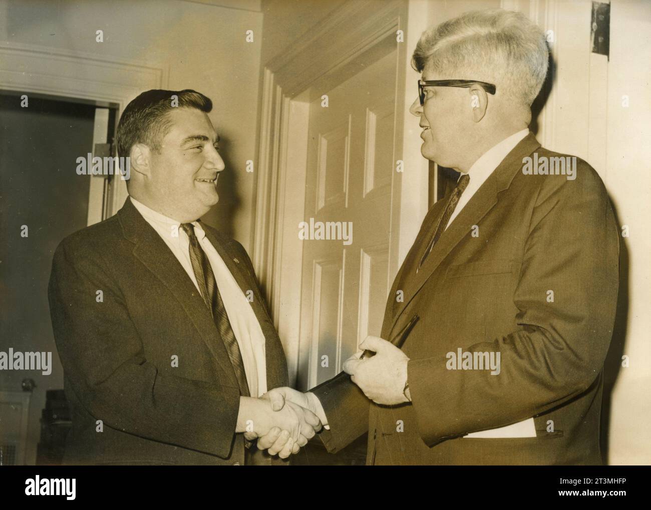 American journalist and politician Pierre Salinger welcomes George E ...