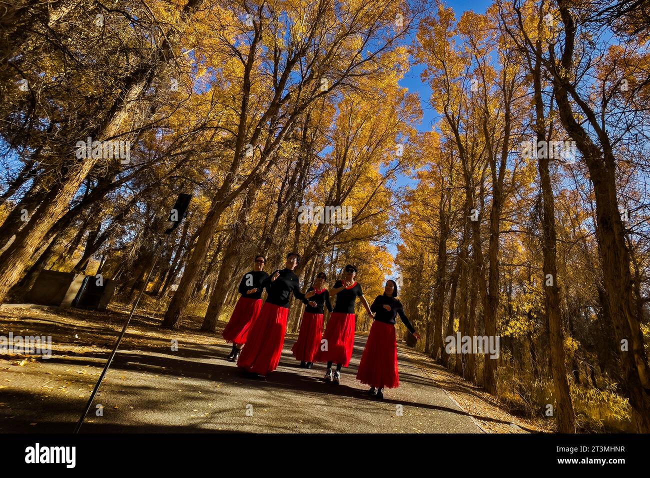 Women using a smartphone to film themselves dance along a road ...