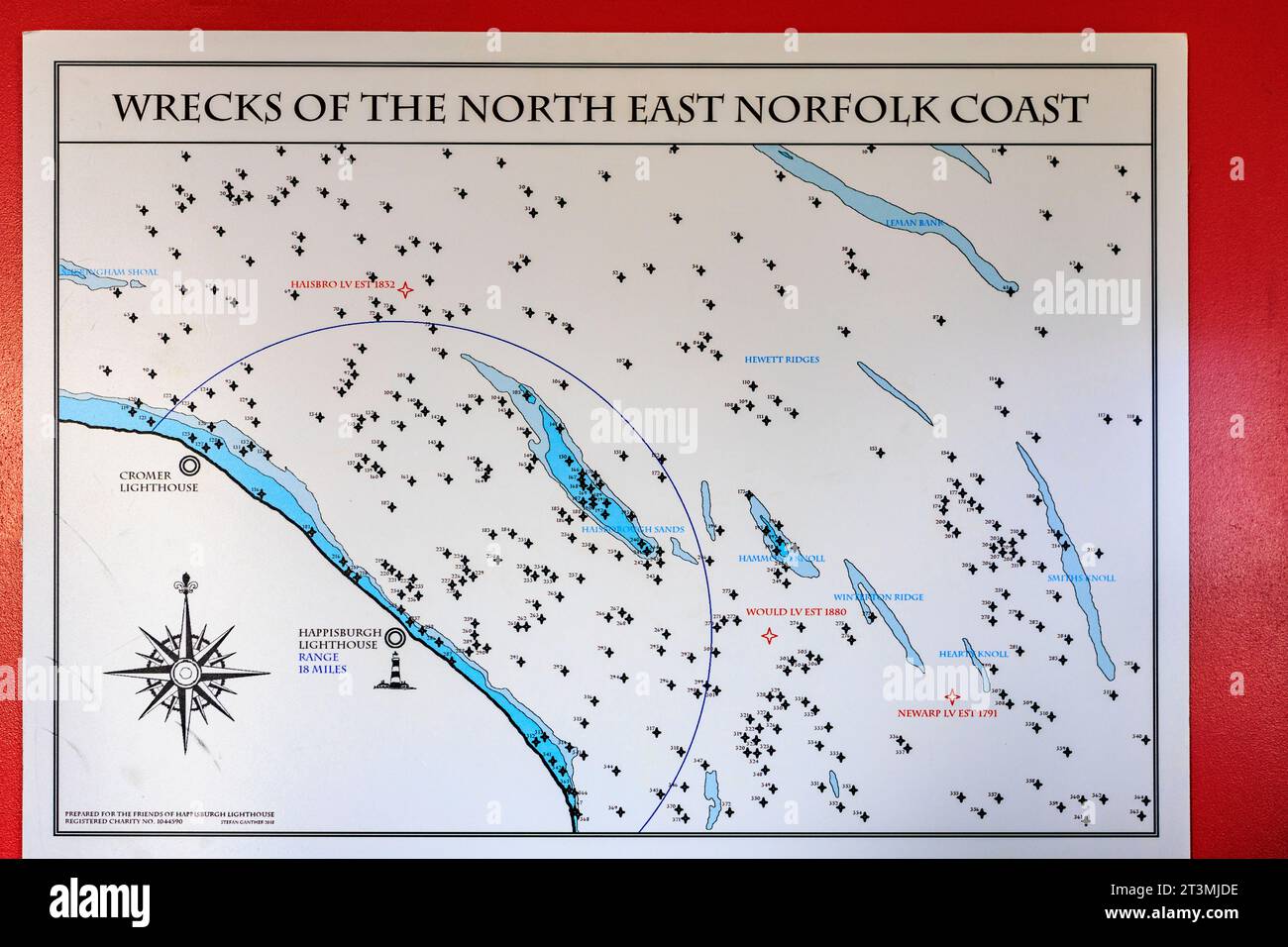 Map showing wrecks on the sands close to Happisburgh lighthouse ...