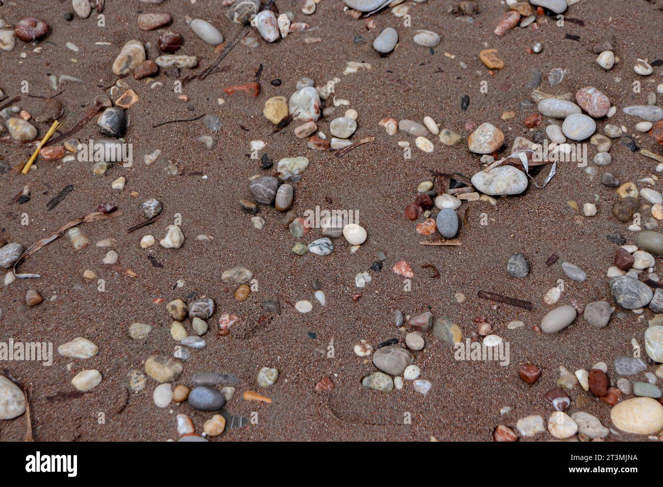 Abstract background beach sand with pebble rocks on the ground at ...