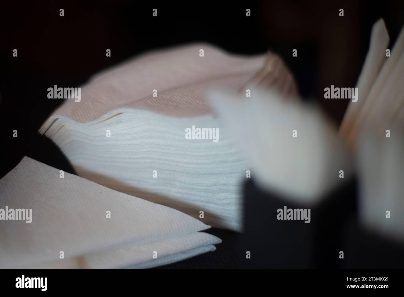 Napkins on the table. White napkins in black stand. Eating Paper. Black ...